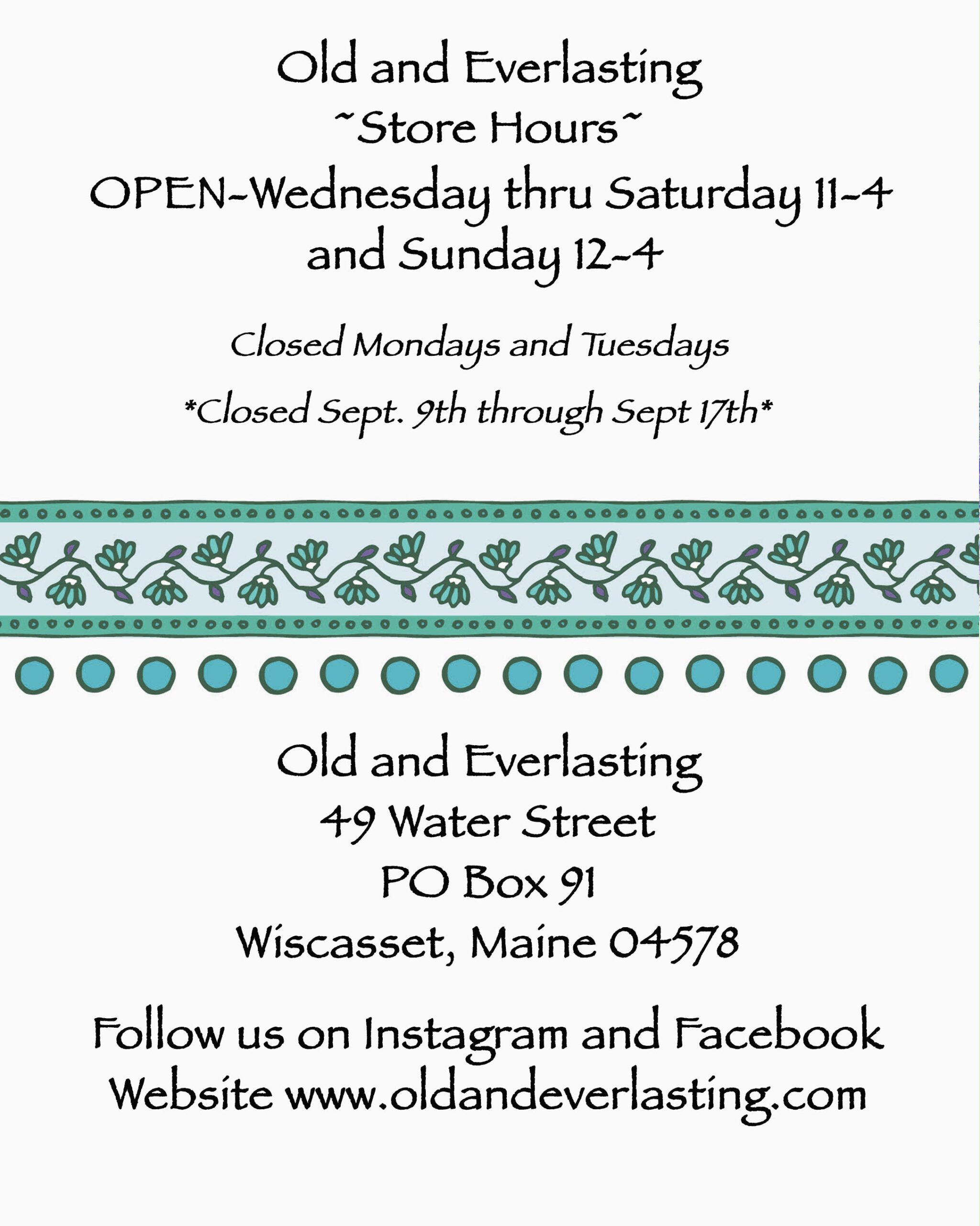 Summer Hours Update... - Old and Everlasting Gifts and Greeting Cards